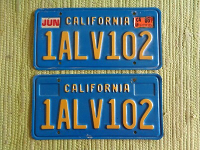 Vintage 1970's era California License Plate PAIR CA BLUE Tag w/86 Reg ...