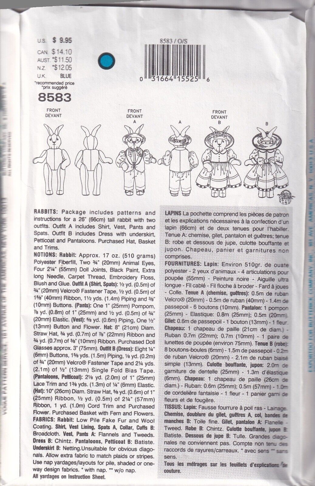 Vogue Pattern 8583 26" Tall Rabbit with Two Outfits New/Uncut | eBay