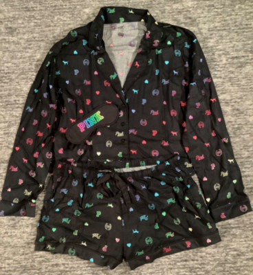 Victoria's Secret Pink Ombre Rainbow Sleep Top Shorts Mask PJ Set Dog ...