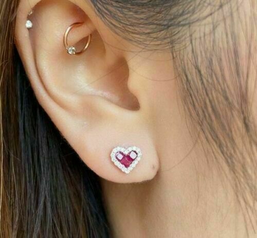 1.1Ct Princess Simulated Ruby Diamond Stud Heart Earrings 925 Silver ...