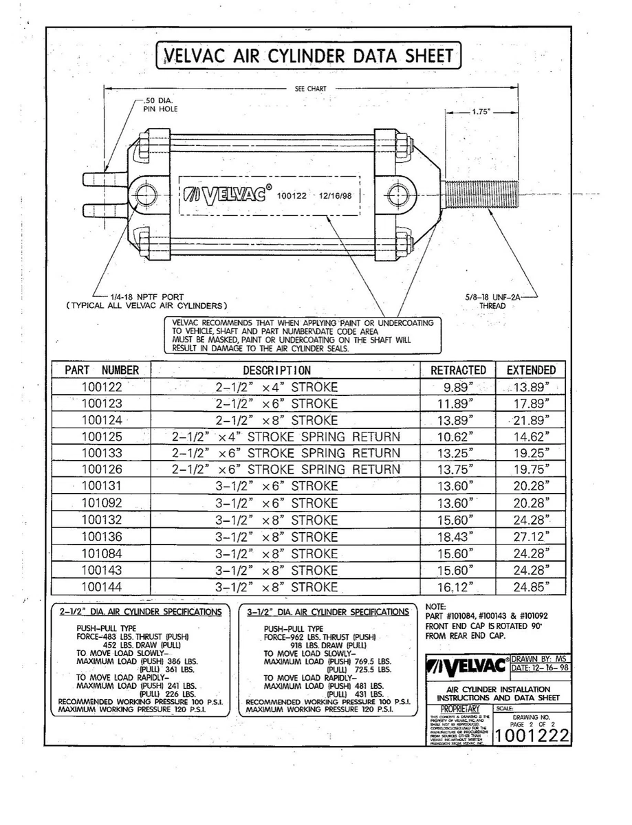 Apsco Dump Truck Locking Tailgate Air Cylinder 3-1/2 Dia X, 46% OFF