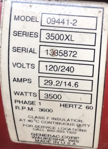 83561 Block 3500XL Generac Generator (Model - 09441-2) [k] | eBay