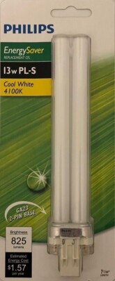 Philips 13W PL-S Compact Fluorescent Cool White 4100K GX23, 2 Pin Base ...