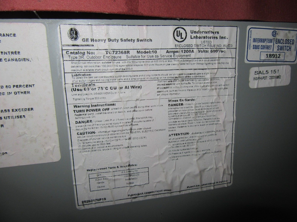 GE 1200 AMP HEAVY DUTY FUSIBLE SAFETY SWITCH 600 / 480 VAC CAT ...