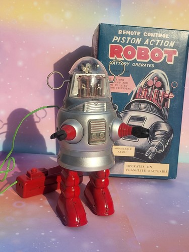 Tin toy 1990's quality replica! 1950's PISTON ACTION ROBOT SILVER (ROBBIE ROBOT) | eBay
