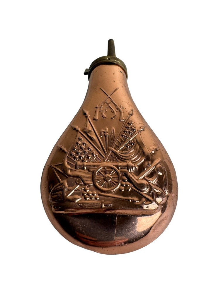 Vintage Copper/ Brass Gun Powder Flask w/ US Civil War Cannon, Muskets ...