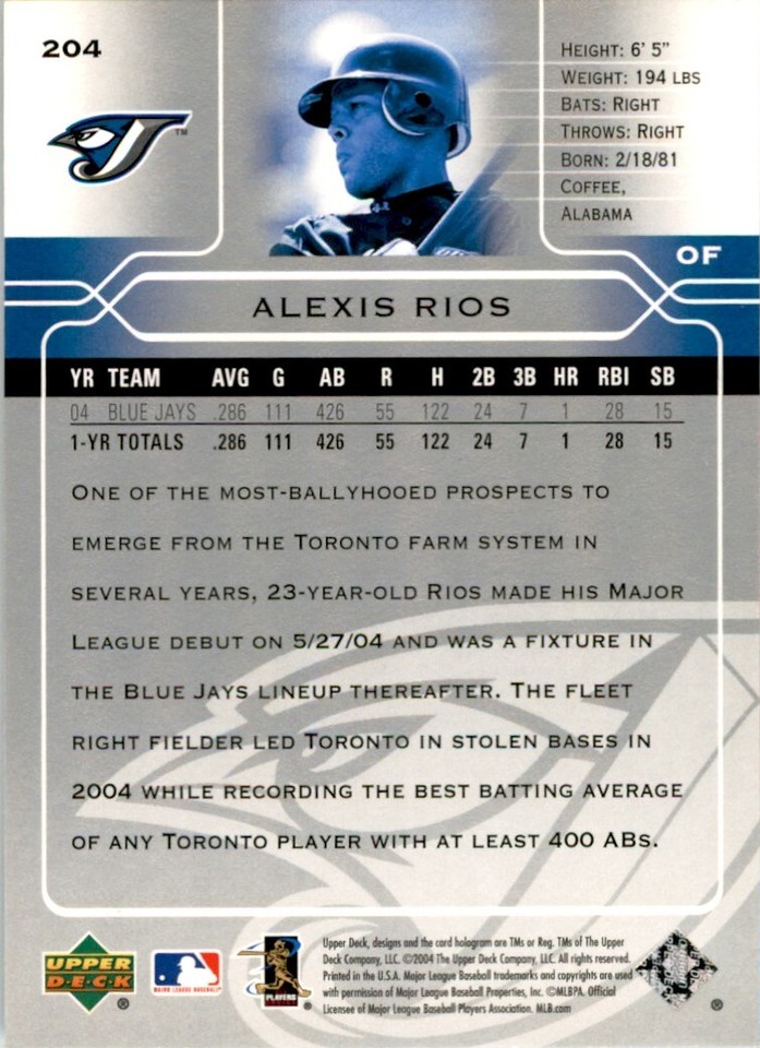 2005 Upper Deck Alex Rios . Toronto Blue Jays #204 | eBay