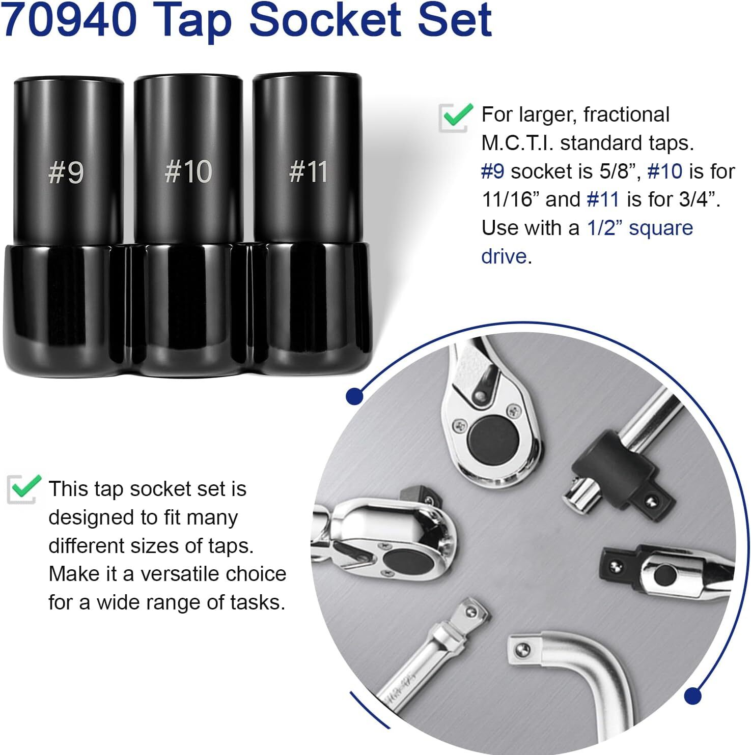 70940 Tap Socket Set, 5/8" 11/16" 3/4" #9#10#11, 1/2”Square Drive, 3 ...