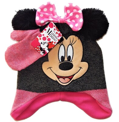 MINNIE MOUSE Fleece-Lined Knit Peruvian Winter Hat &Mitten Set w/ Ears ...
