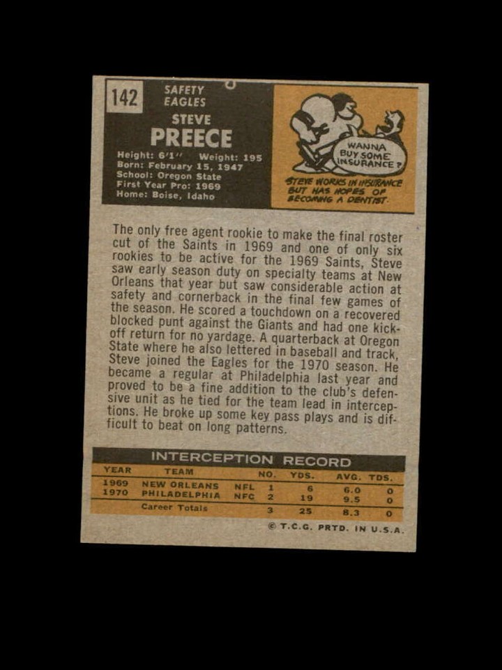 1971 Topps Football #142 Steve Preece STARX 6.5 EX/MT+ (LS805156) | eBay