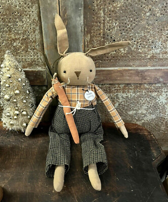 Sweet Primitive Country Jack Rabbit Easter Bunny w Carrot Happy Spring ...