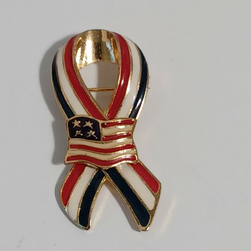 Kenneth Cole Gold Tone Patriot American Flag Ribbon Pin Enamel Brooch ...