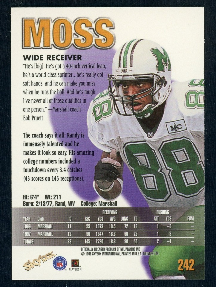 1998 SkyBox Thunder #242 Randy Moss Rookie RC Card HOF | eBay