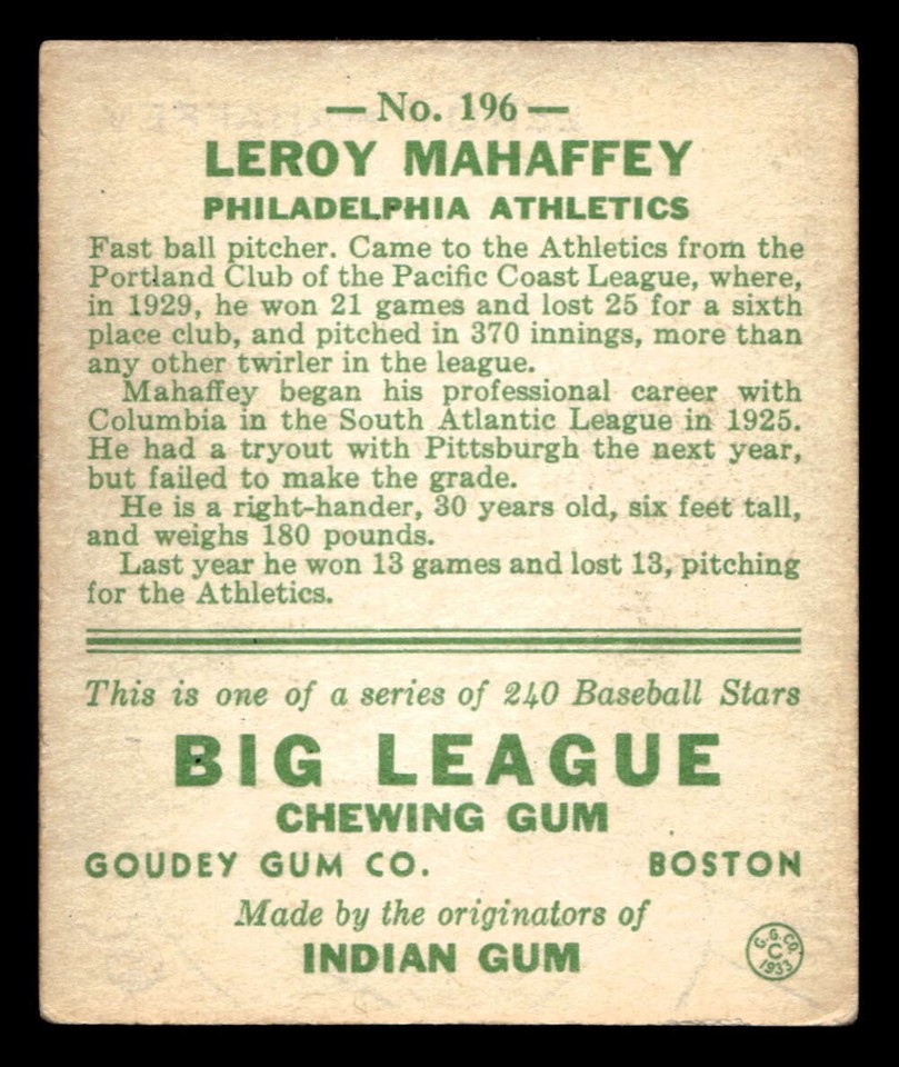 1933 Goudey #196 Roy Mahaffey VG-EX RC Rookie Athletics | eBay