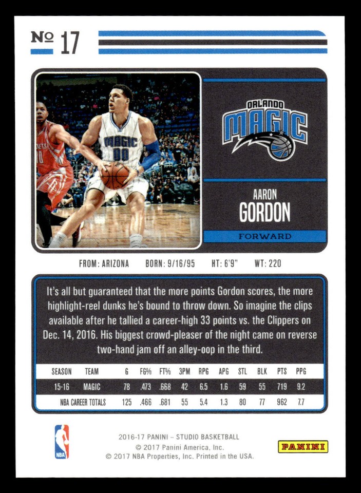 2016-17 Panini Studio Aaron Gordon #17 | eBay