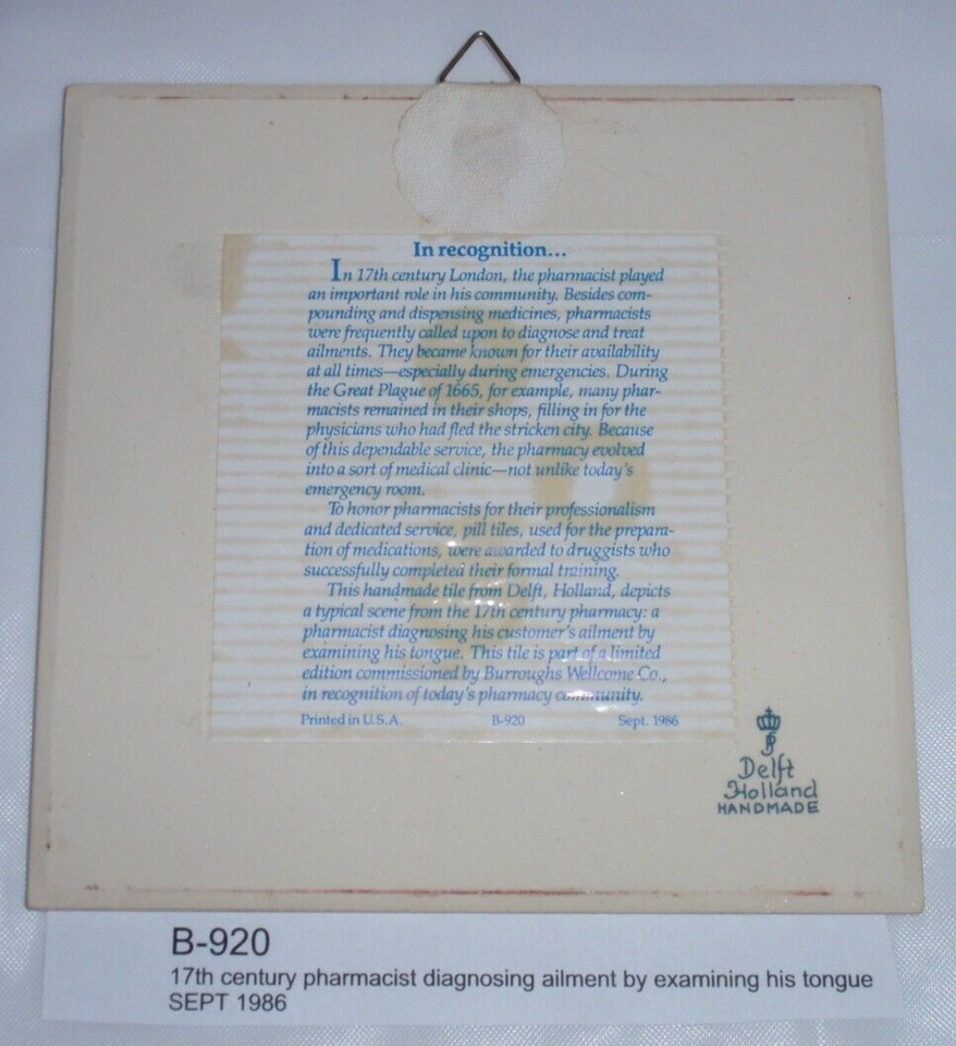 6" Ceramic Blue Delft Holland Pharmacy Apothecary Pill Tile 17th ...