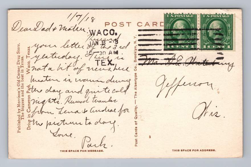 Cameron Park Drive WACO Texas Vintage Hand Colored Albertype Postcard ...