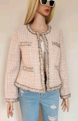 EXPRESS PINK TWEED JACKET BEADED BLAZER MEDIUM | eBay