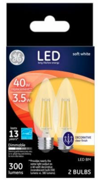 2 Pack GE LED Decorative Bulbs BM Clear Finish 3.5 W 40 W Replacement ...