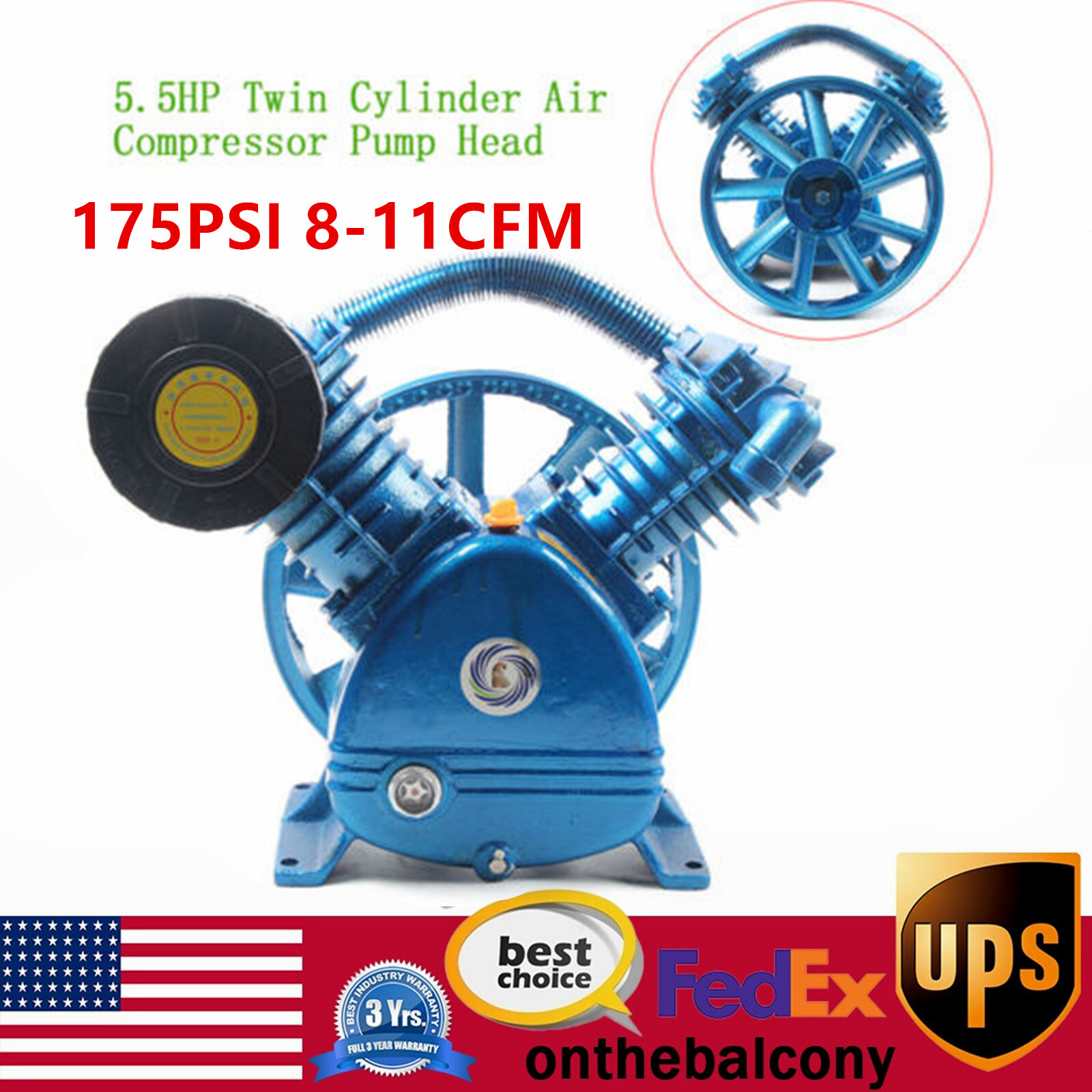 175PSI 5.5HP 8-11CFM V Type Air Compressor Pump Head Twin Cylinder ...