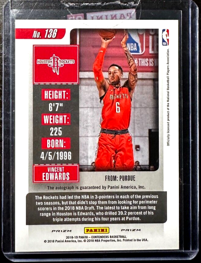 VINCENT EDWARDS NBA Rockets 2018-19 Panini Contenders Rookie Holo RC ...
