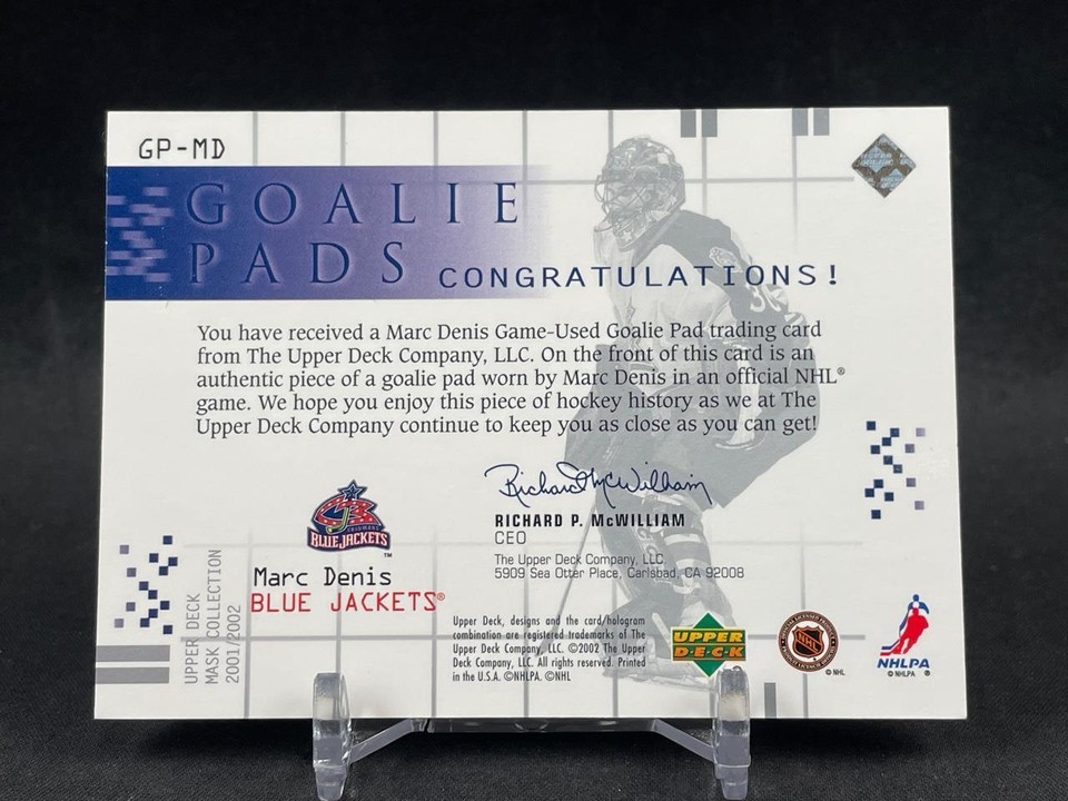 2001-02 UD MASK COLLECTION MARC DENIS GP-MD GOALIE PADS RELIC BLUE ...