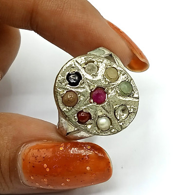 German Silver BIG 9.25 SIZE Natural Navratan 9 Planet Gemstone Oval ...