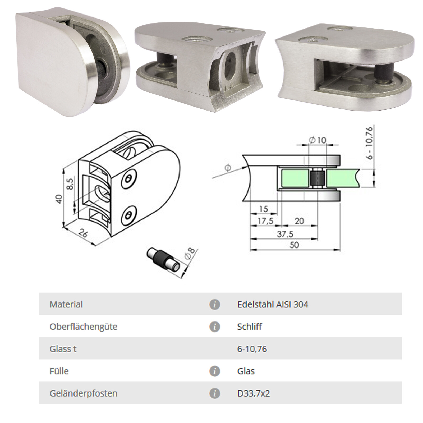 Glashalter Edelstahl Glasklemme Klemmhalter V2A Glasklemmhalter Eckig ...