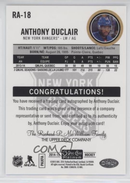 2014-15 O-Pee-Chee Platinum Rookie Auto Anthony Duclair #RA-18 Auto RC ...