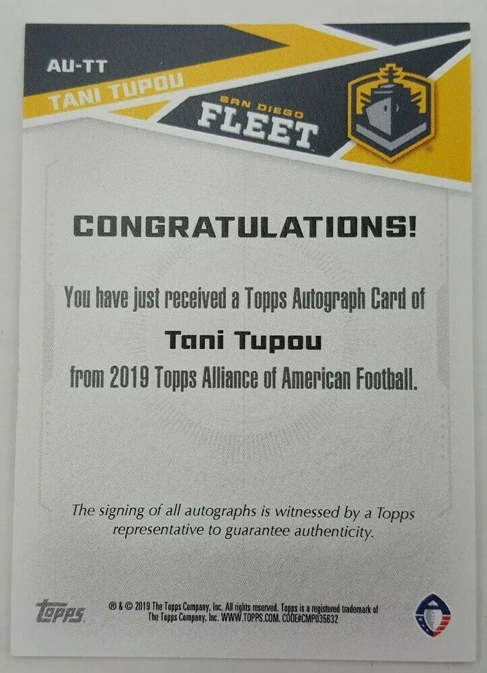 2019 TOPPS ALLIANCE OF AMERICAN FOOTBALL AUTO TANI TUPOU RC *FLEET* ON ...