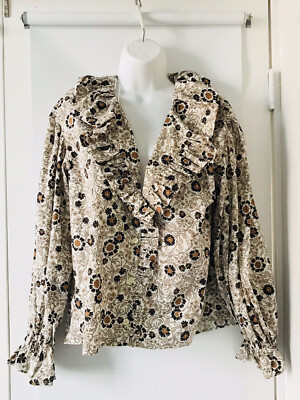 NEW ZARA Multicolor Floral FRILLED PRINTED TOP V-neck Long Sleeve Size ...