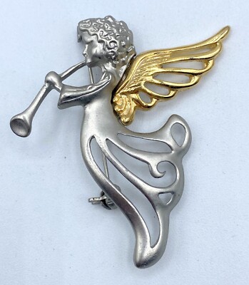 C1-835 VINTAGE BROOCH GOLD SILVER PIN 2.25" CHRISTMAS ANGEL RELIGIONS ...