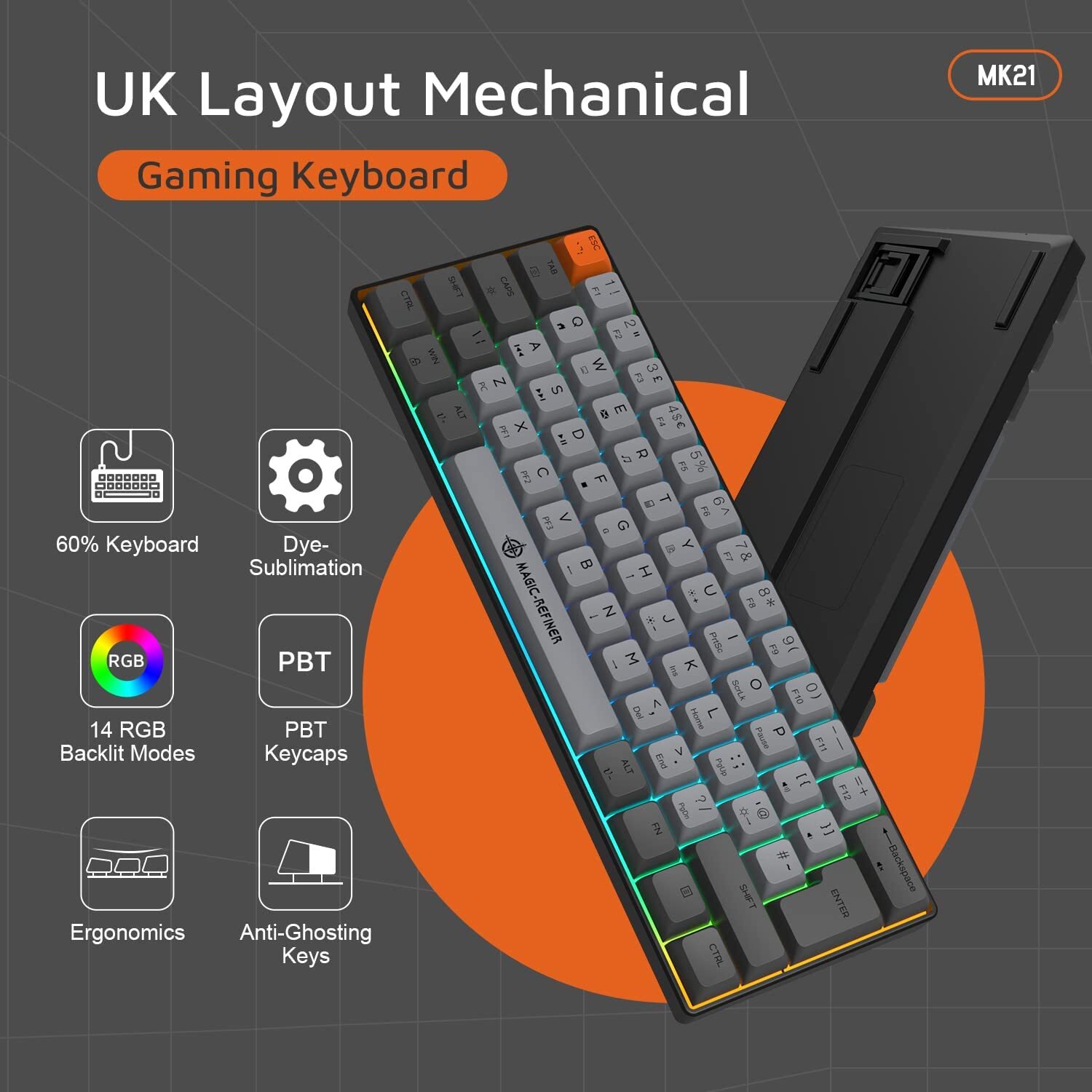MK21 UK Layout 60% Gaming Keyboard Mechanical Compact Wired Type C PBT ...