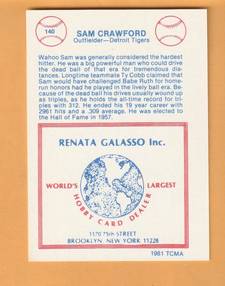 Sam Crawford Detroit Tigers 1977-84 Galasso Greats #140 HOF 9C | eBay