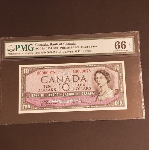 RARE LOW SERIAL NUMBER 1954 Bank of Canada $10 DEVIL FACE banknote. GEM ...