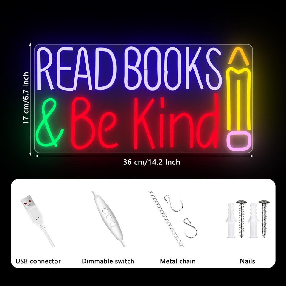 Read Books and Be Kind Neon Sign, Neon Signs for Wall Decor, Dimmable ...