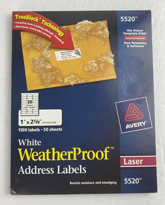 Avery 5520 Laser White WeatherProof Address Labels 1 x 2 5/8" New ...