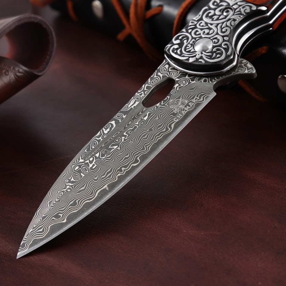 Chamaki Damascuse Folding Knife Sandelwood Handle Razor Sharp EDC ...