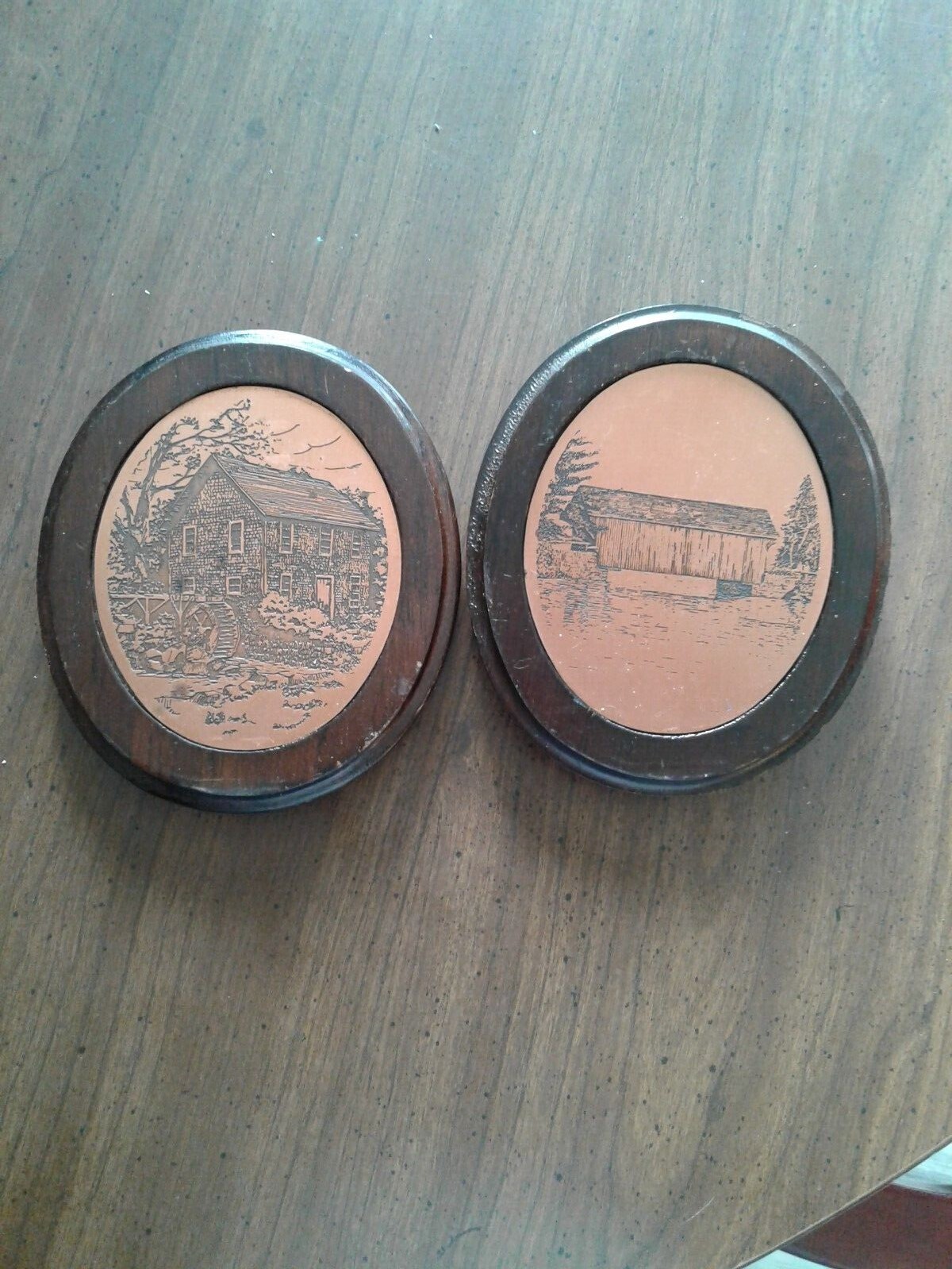 Set of two 6 inch Vintage Wood Framed Hammered Copper Imprint Pictures ...
