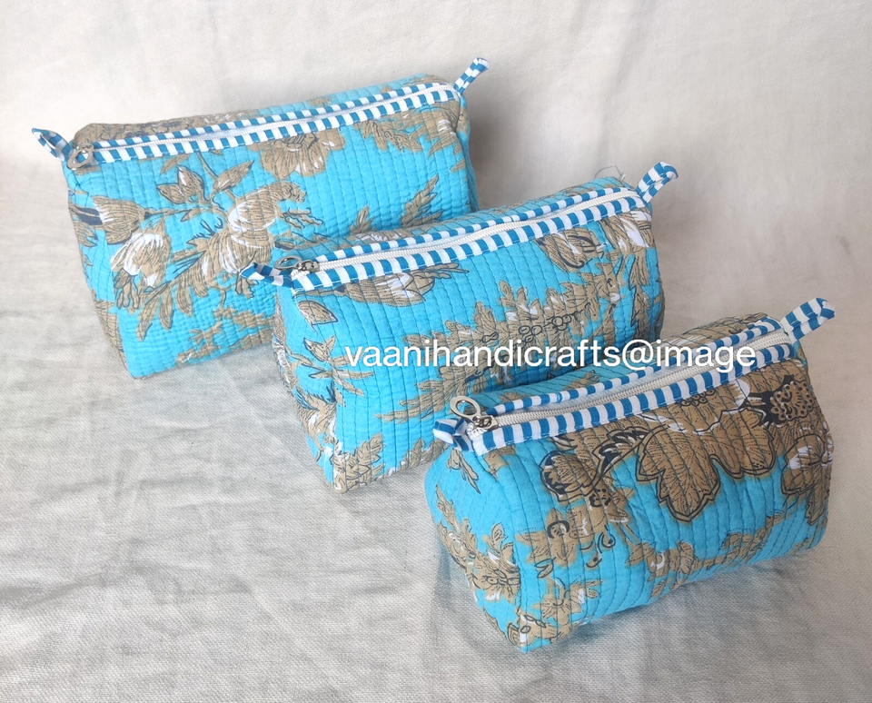 3 Pcs. Unisex Makeup Cosmetic Bag Blue Color Purse Quilted Cotton Bags ...