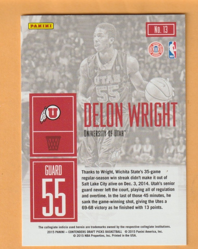 Delon Wright Utah Utes 2015-16 Contenders Draft Picks Game Day #13 | eBay