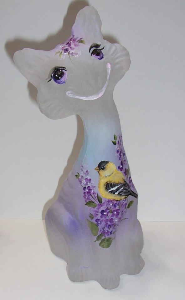 Fenton Glass Crystal Satin Lilacs & Goldfinch Alley Cat Figurine Ltd Ed ...