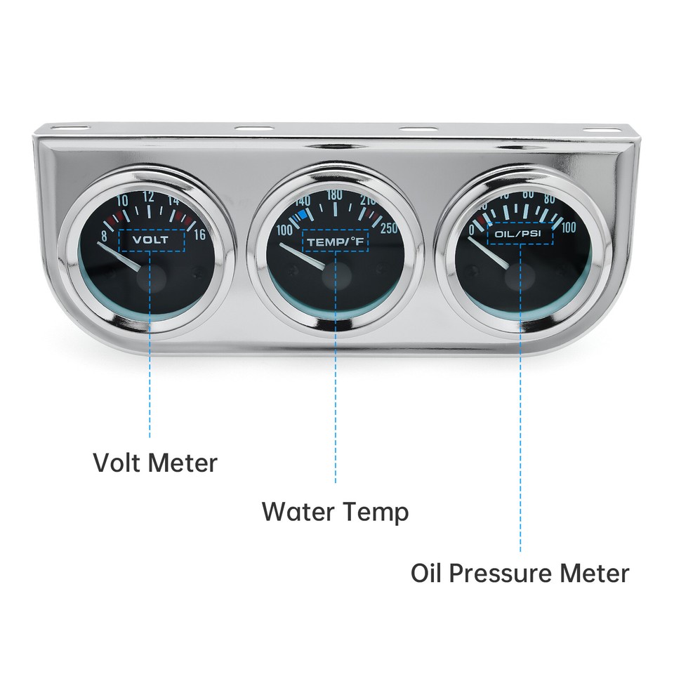 52mm 3 in 1 Kit Chrome Car Triple Gauge Set Volt Water Meter Temp Oil ...