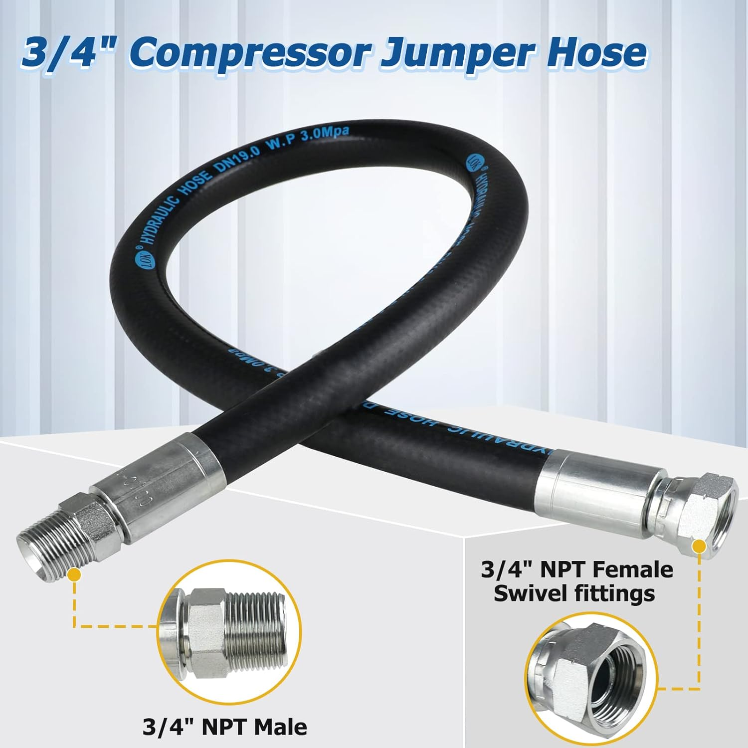 3 Feet Compressor Jumper Hose, 3/4 NPT Air Hose for Compressed Air ...