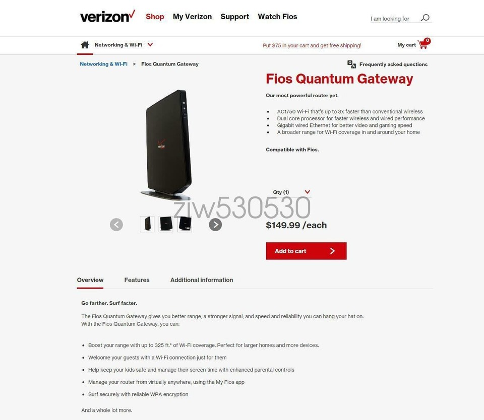 Verizon G1100 Dual Band Quantum AC1750 Wireless Wi-Fi Router Fios ...