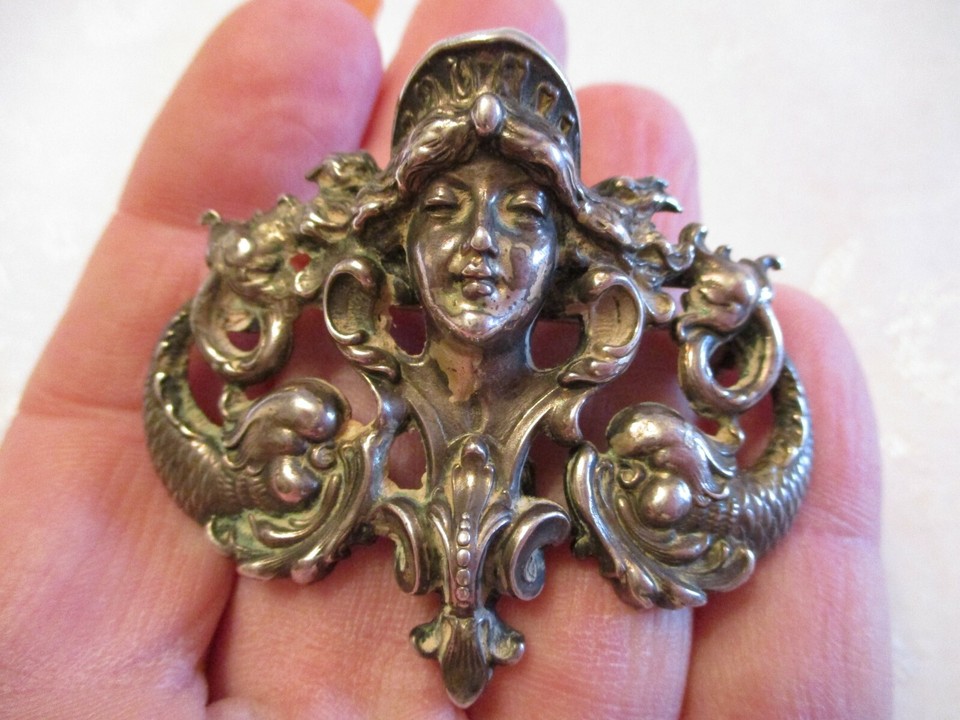 ART NOUVEAU Vintage WILLIAM KERR Sterling Silver LADY & DOLPHIN Buckle ...