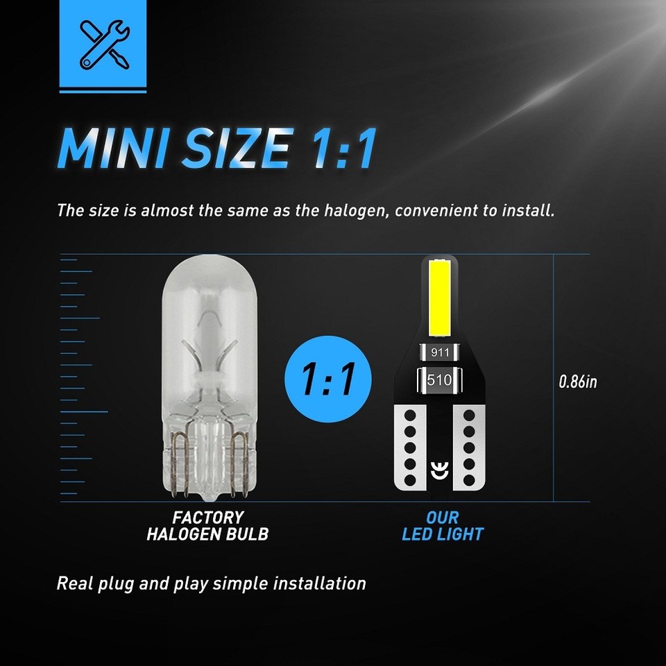 10pcs LED T10 192 W5W 168 Canbus White Dome License Side Marker Light ...