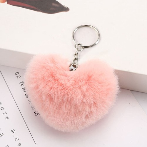 Fluffy Keychain Keyrings Soft Heart Shape Faux Pompom Keychain for Girl ...