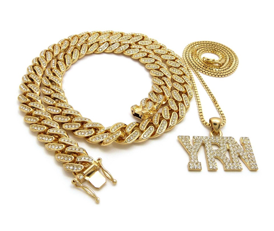 NEW HIP HOP FULL ICE MIGOS 20" ICED CUBAN CHAIN & YRN CHAIN SET GOLD ...