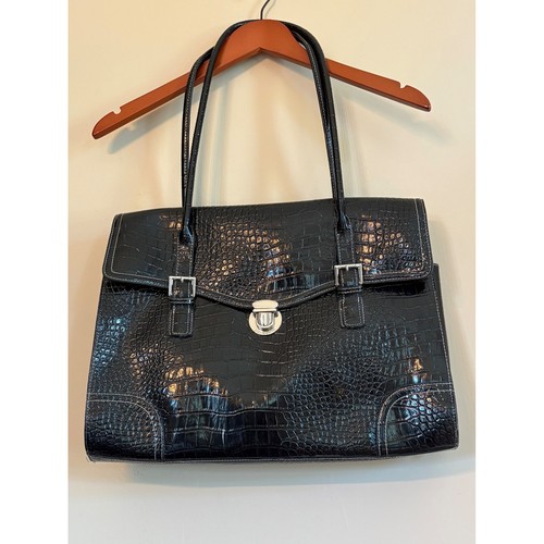 Liz Claibourne Blk Faux Croc Laptop Satchel Briefcase Messenger Bag ...